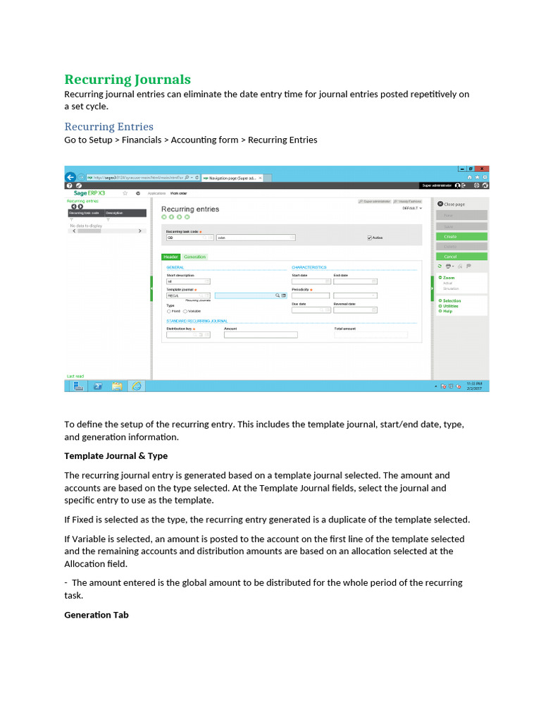 Sage X3 Recurring Journal Setup Guide | PDF | Debits And Credits ...