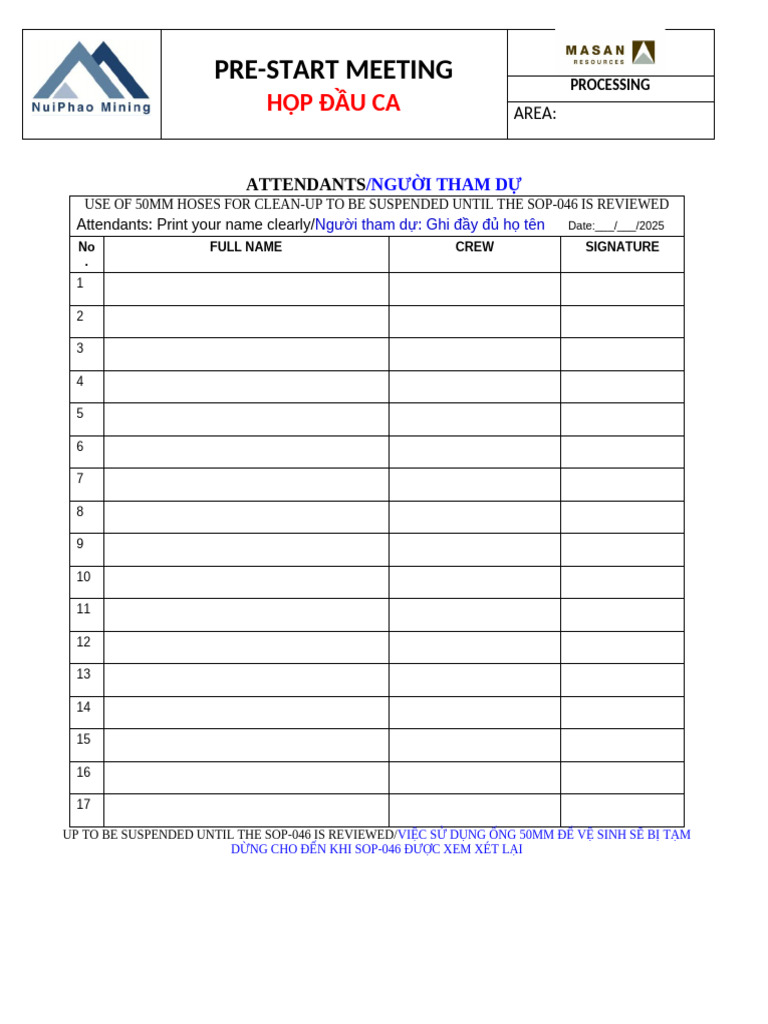 Toolbox sign off sheet Use of 50mm hoses for clean-up to be suspended ...