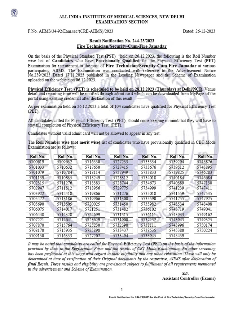 Stage-2-Result-Fire Tech - Security-Cum-Fire Jamadar-Net | PDF