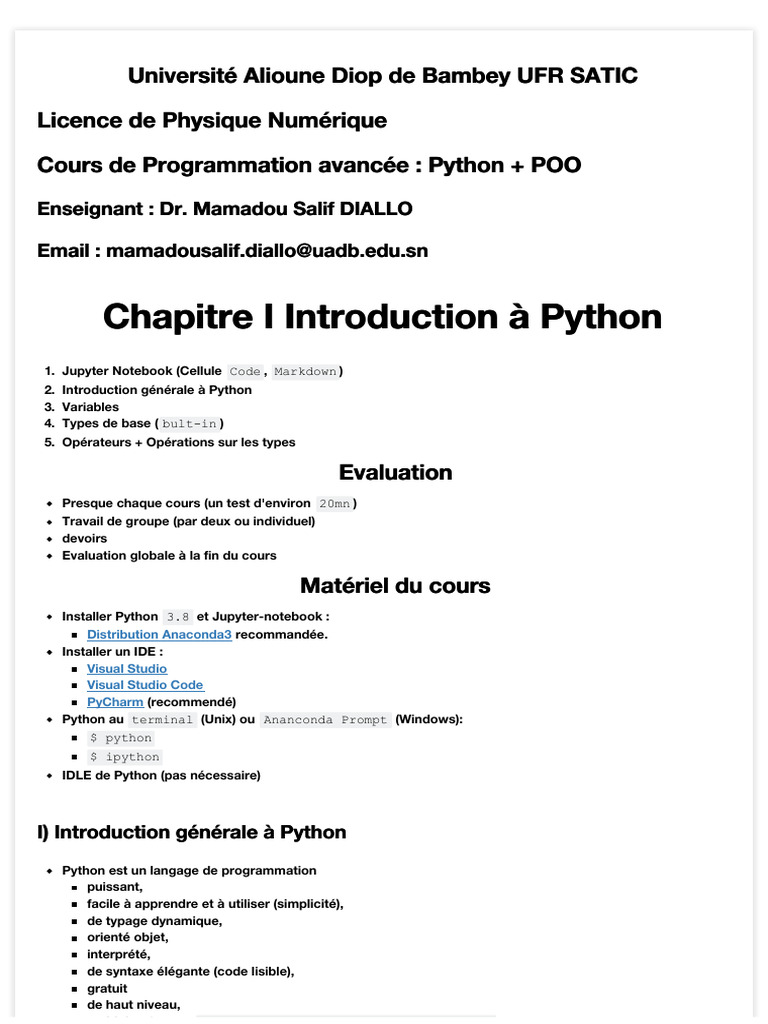 Chapitre 1 Cours Python | PDF | Python (Langage de programmation) | Variable (informatique)