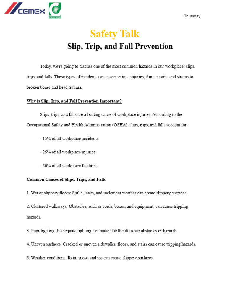 Slip, Trip, and Fall Safety Guidelines | PDF | Safety | Hazards