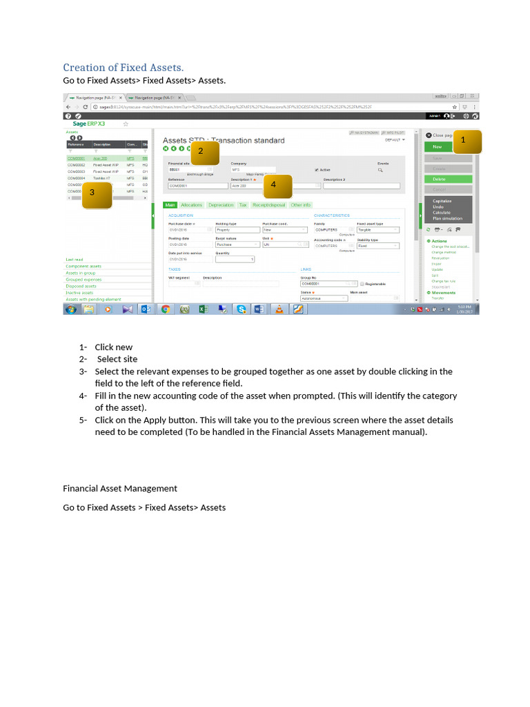 Sage X3 Creation of Fixed Assets | PDF | Depreciation | Fixed Asset