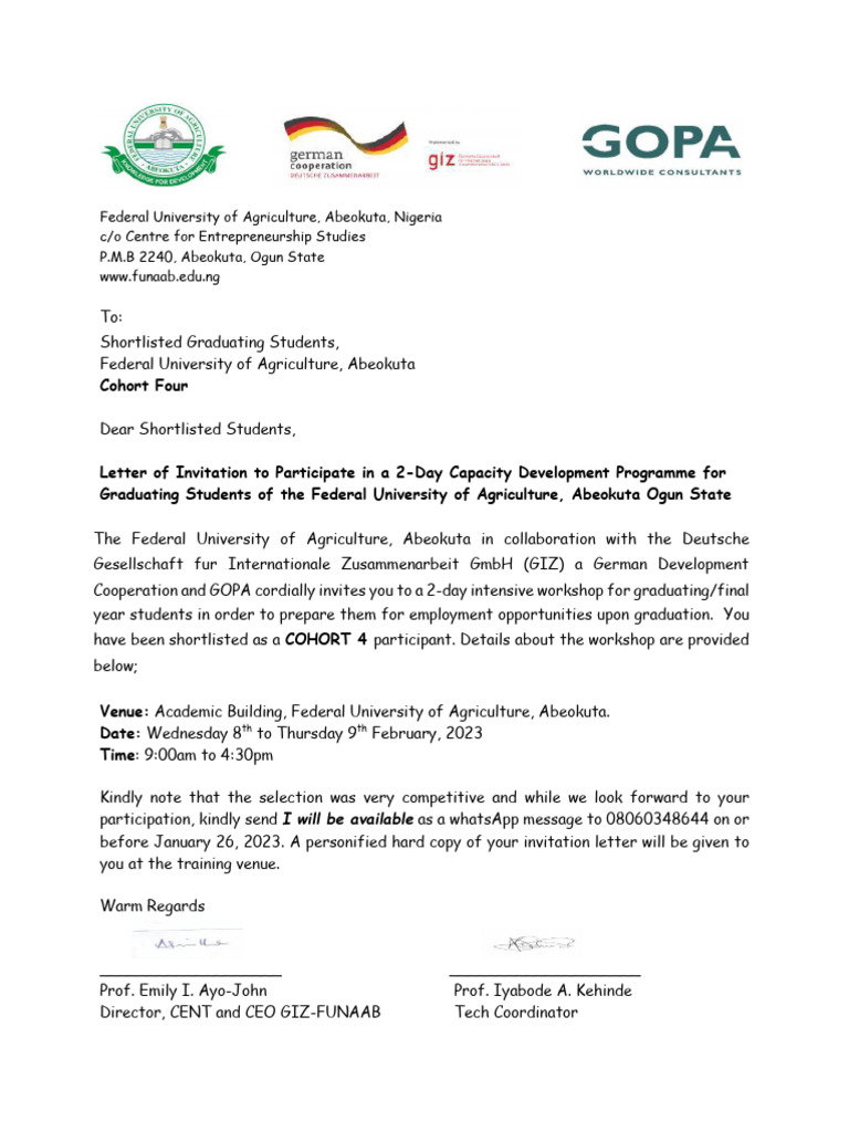 INVITATION FUNAAB_GIZ_GOPA_COHORT 4 | PDF