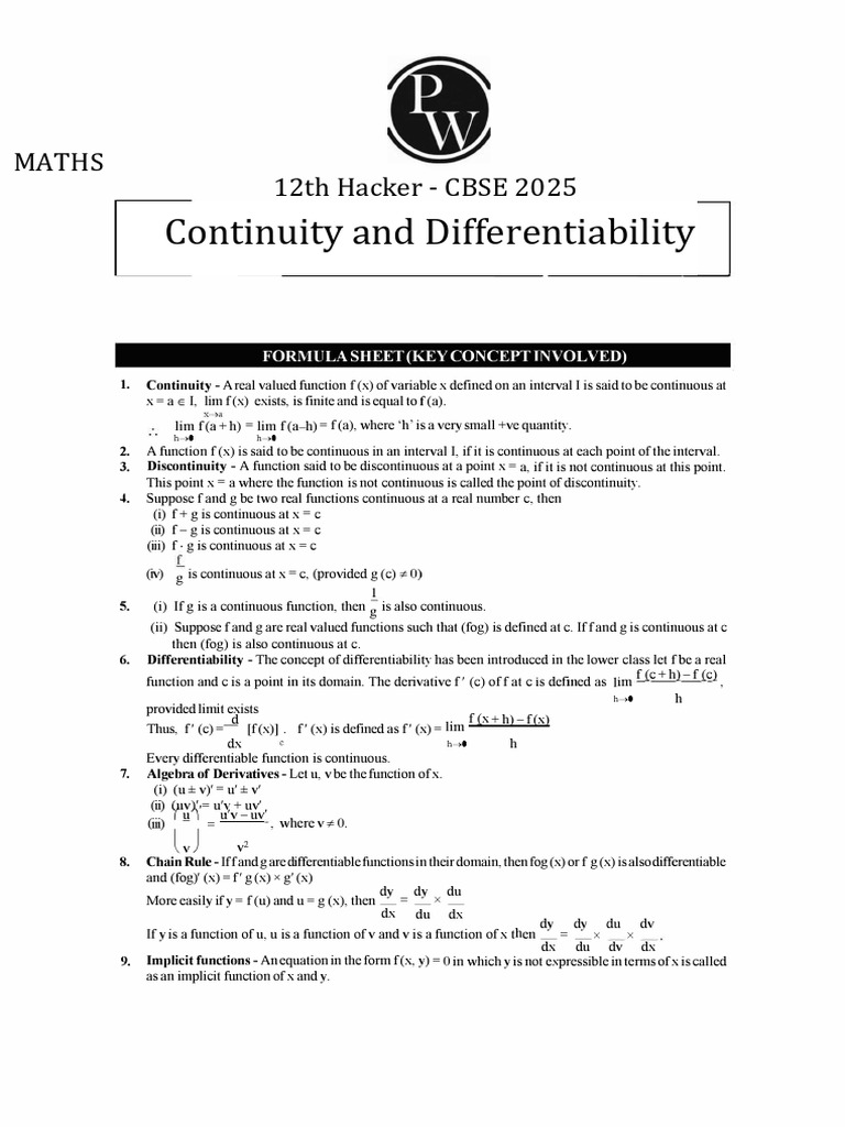 Continuity and Differentiability - Formula Sheet - 12th Hacker - CBSE 2025 | PDF | Function ...