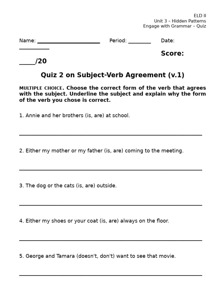 ELD III - Unit 3 - Engage With Grammar - Quiz v.1 | PDF