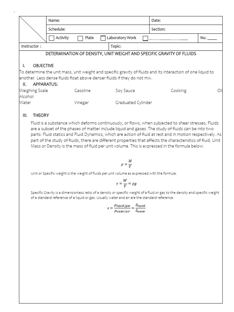 Fluid Density and Specific Gravity Lab | PDF | Density | Fluid