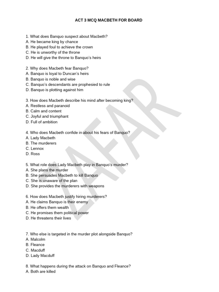 Act 3 MCQ Macbeth For Board | PDF | Macbeth