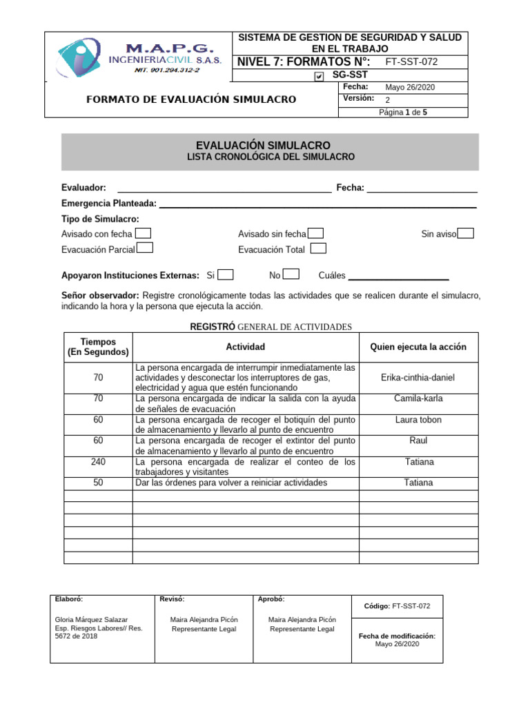 Evaluación Simulacro SG-SST 2020 | PDF