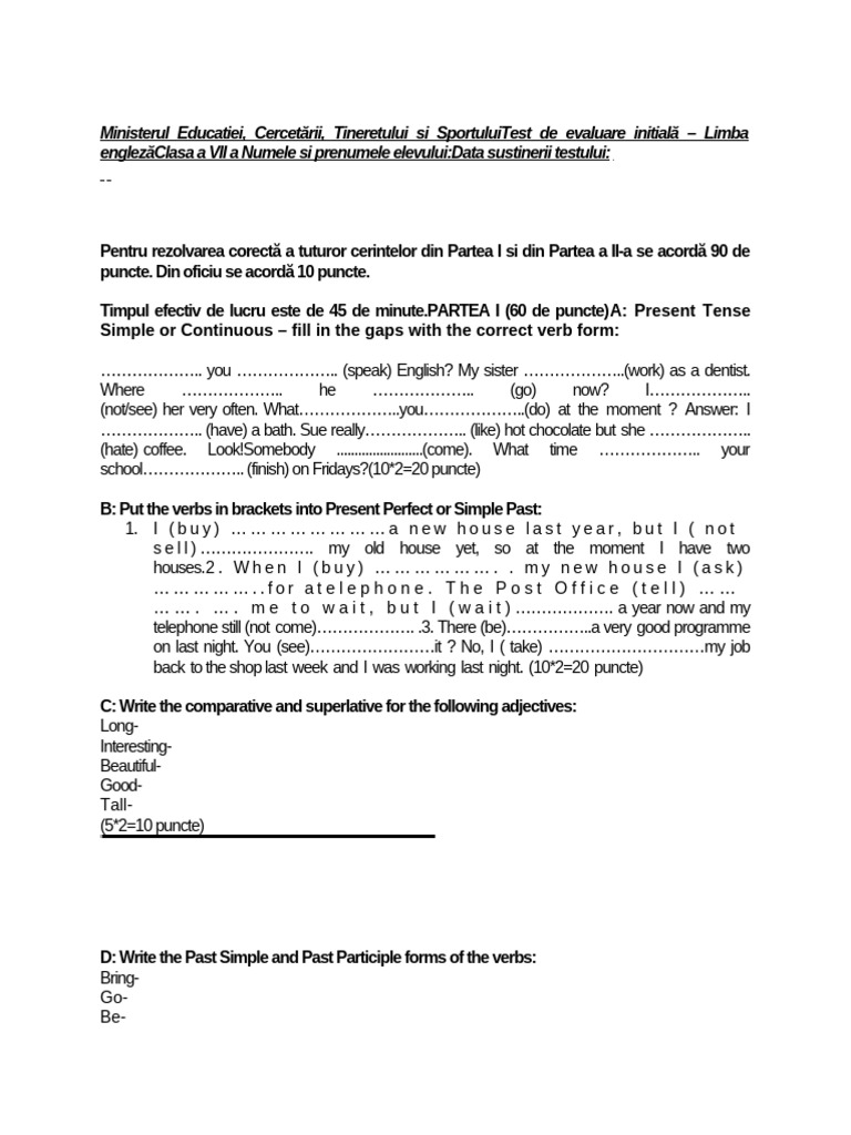 English Evaluation Test for 7th Grade | PDF