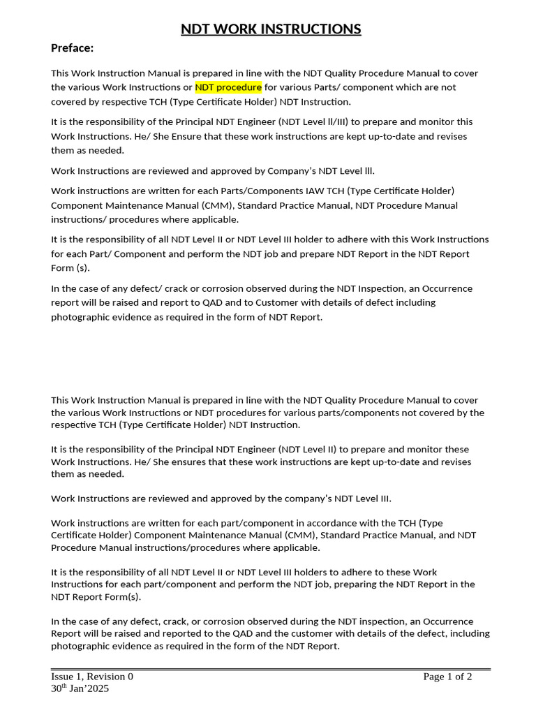 NDT WORK INSTRUCTIONS - Preface | PDF | Nondestructive Testing | Quality