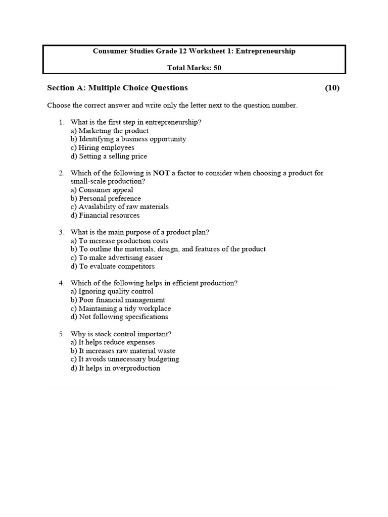 Grade 12 Entrepreneurship Worksheet | PDF | Entrepreneurship | Business ...