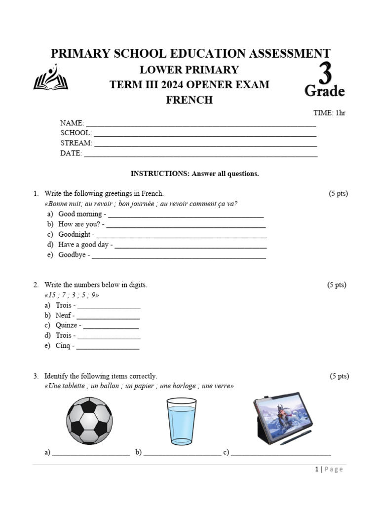 Grade 3 French Exam Paper 2024 | PDF