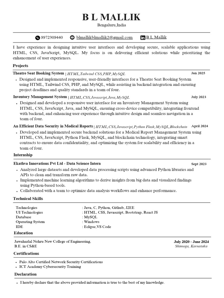 BL_MALLIK_Software_Engineer_Resume | PDF | My Sql | Java Script