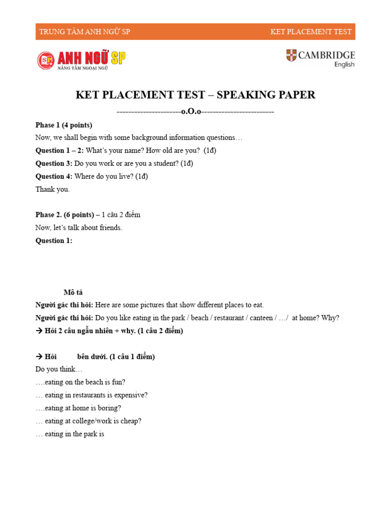 KET Speaking Test Overview | PDF
