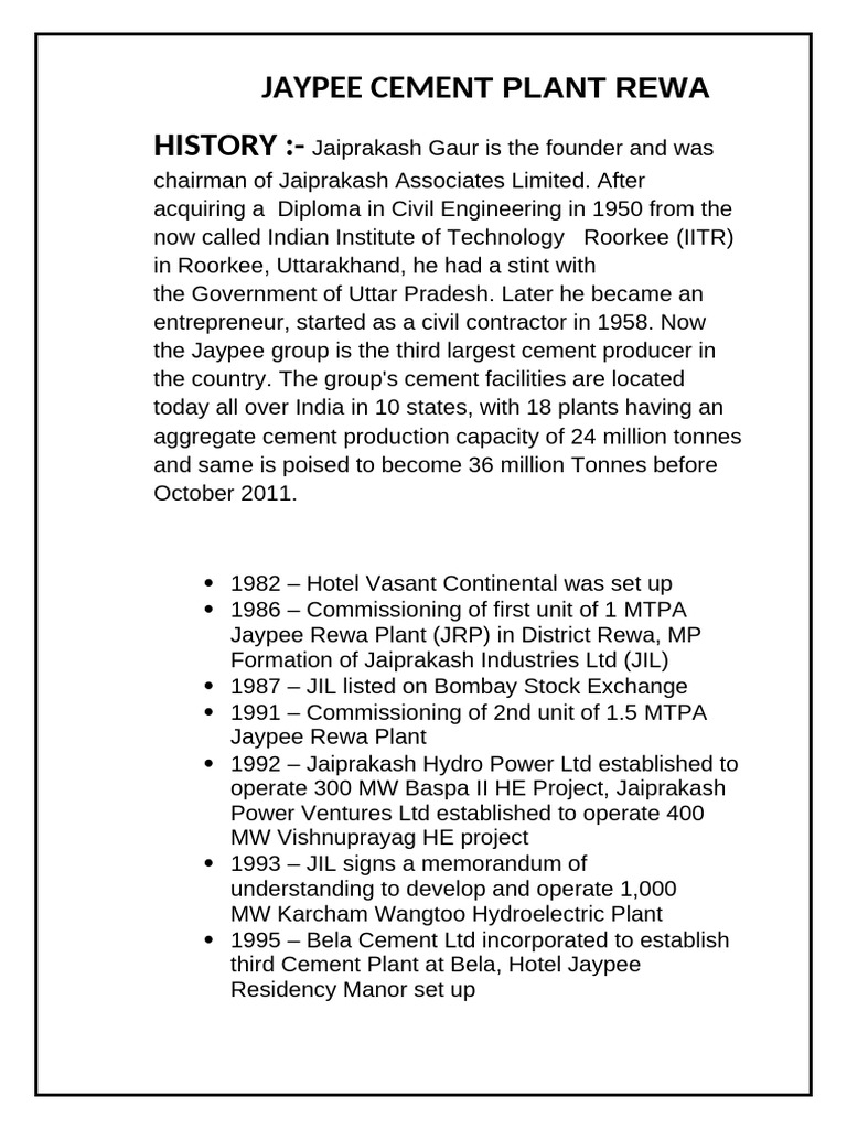 Jaypee Ceme History:-: NT Plant Rewa | PDF | Mill (Grinding) | Materials