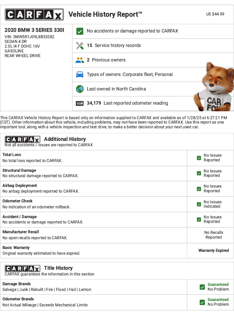 CARFAX Vehicle History Report 2020 BMW 330i | PDF | Wheeled Vehicles ...