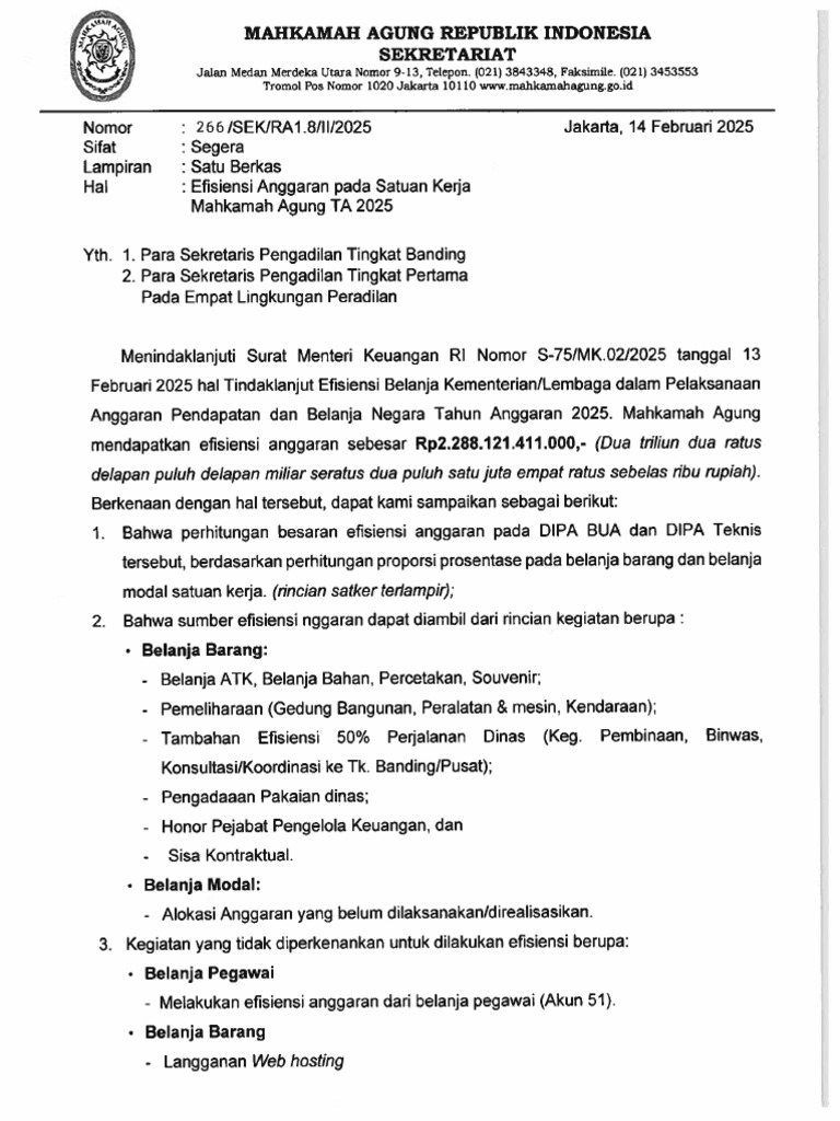 Surat Efisiensi Anggaran Satker | PDF