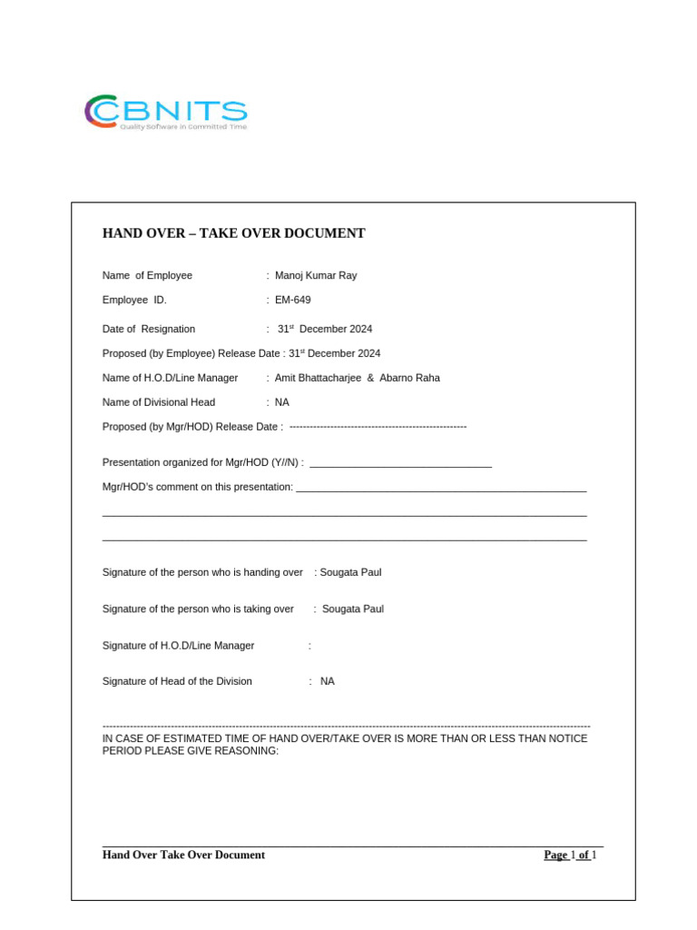 Hand Over Form | PDF