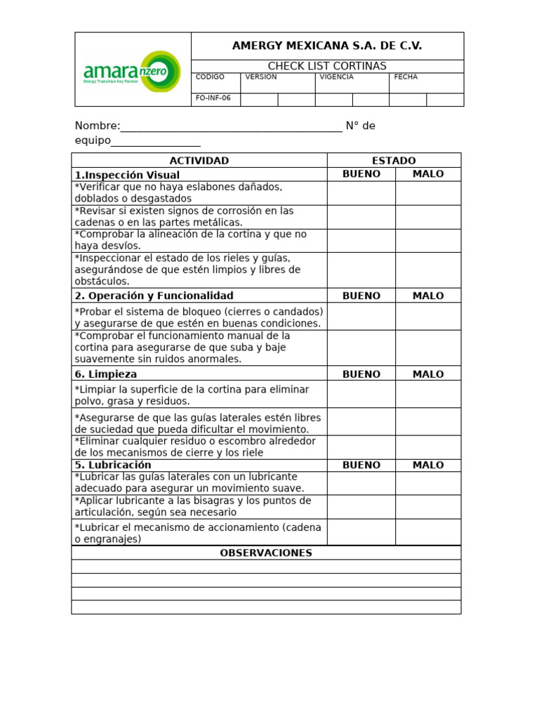 Checklist de Mantenimiento de Cortinas | PDF