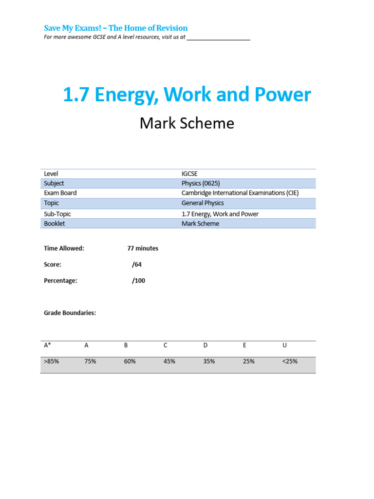 IGCSE Physics Mark Scheme: Energy, Work, Power | PDF