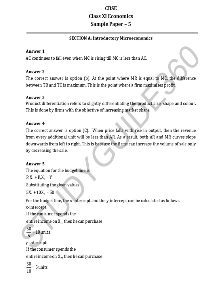 CBSE Class XI Economics Sample Paper 5 | PDF | Demand | Economic ...