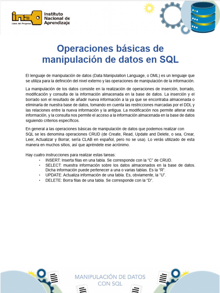 MD - Recurso11 - Operaciones Básicas de Manipulacion de Datos | PDF | SQL | Paradigmas de ...
