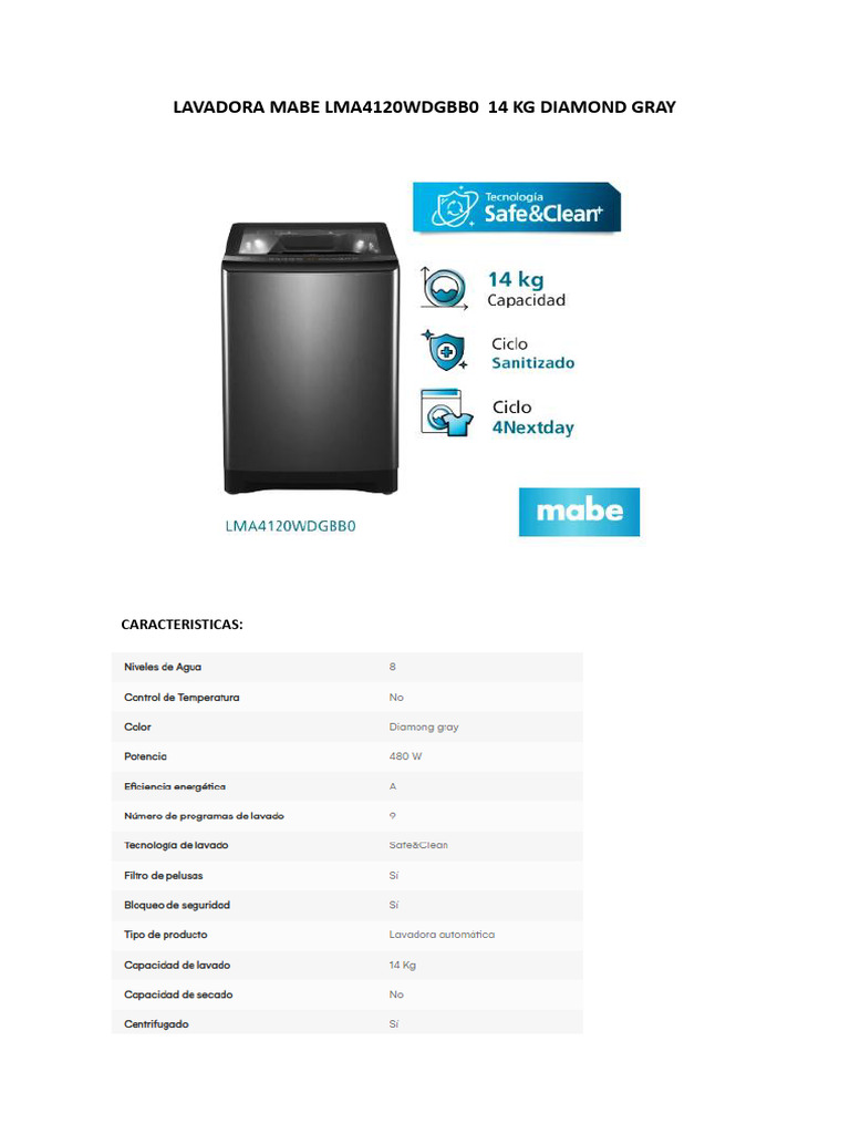 Ficha Tecncia Lavadora Mabe Lma4120wdgbb0 14 KG Diamond Gray | PDF
