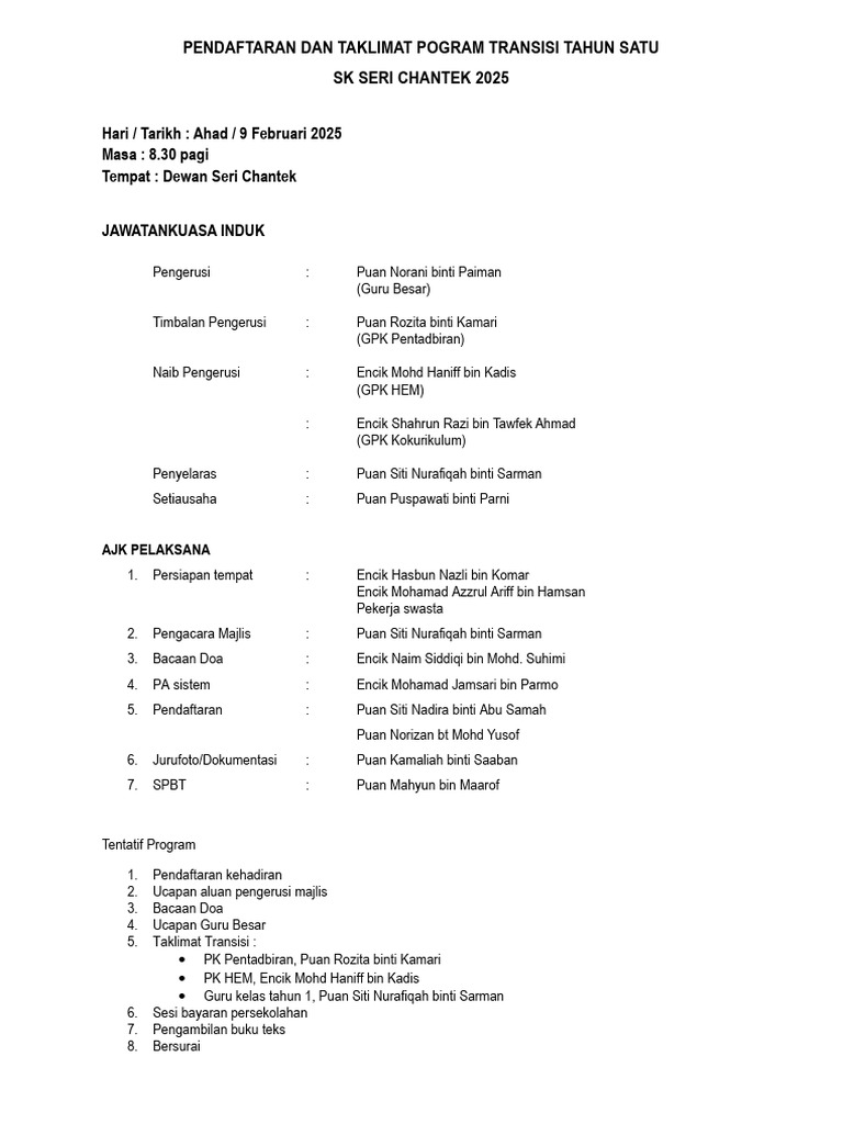 Ajk Dan Tentatif Program Taklimat Transisi | PDF