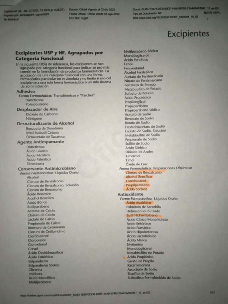 Listado Excipientes USP | PDF