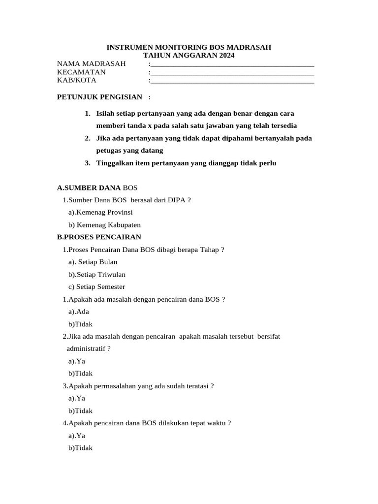 Instrumen Monitoring Bos Madrasah | PDF