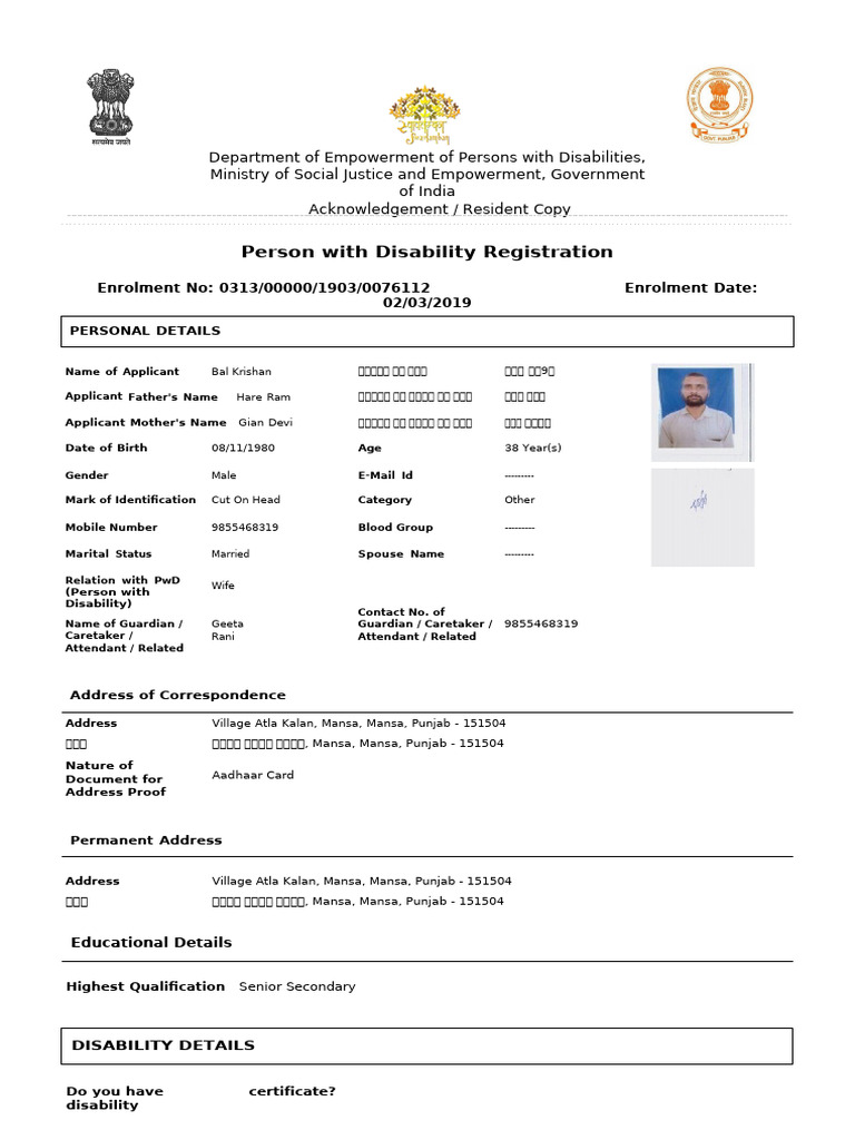 Disability Registration Details for Bal Krishan | PDF | Disability | Authentication