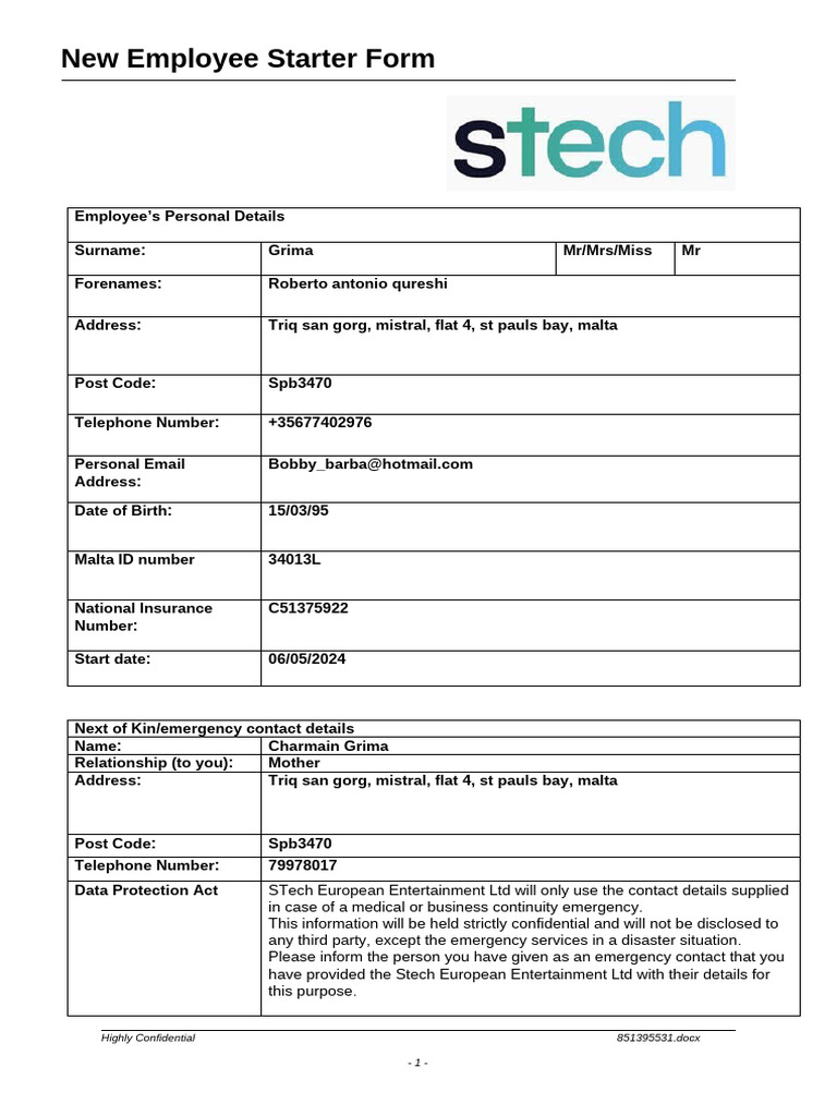 Personal Details Form Malta GDPR STech Roberto Grima | PDF | Labor