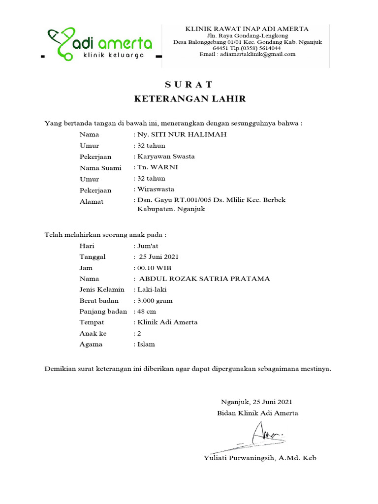 Keterangan Lahir Abdul Rozak Nganjuk | PDF