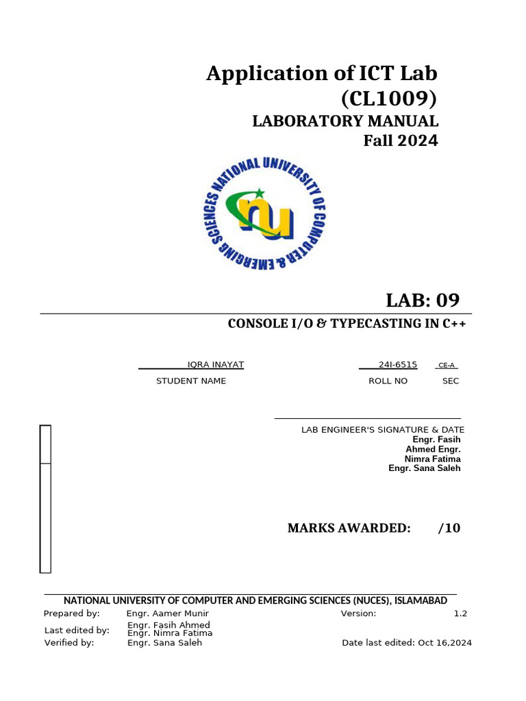 ICTLab09 ConsoleIO TypeCasting - Docx (Abds) | PDF | Integer (Computer Science) | Boolean Data Type