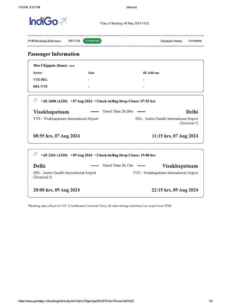 Chippala - Visakhapatnam - Delhi (Both Side) | PDF