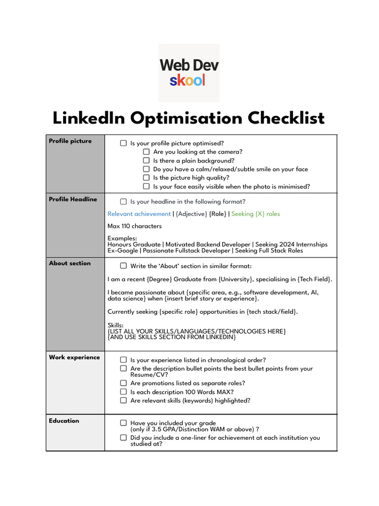 Web Dev Skool Linkedin Checklist | PDF | Résumé | Computing