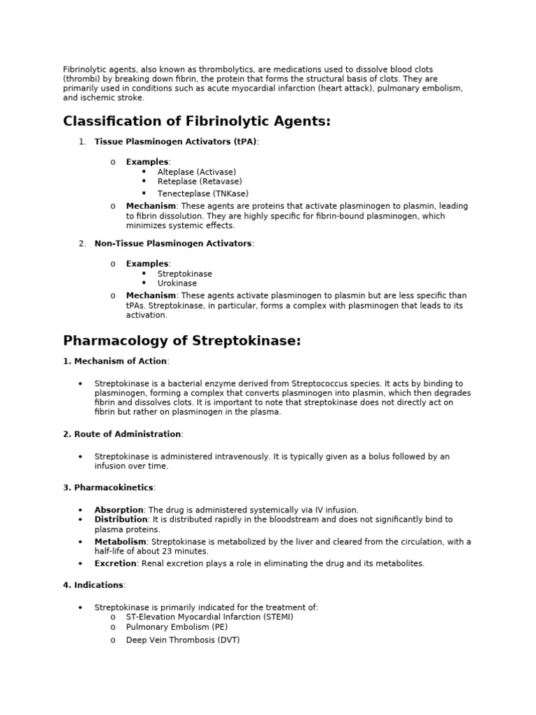 Fibrinolytic Agents and Explain The Pharmacology of Streptokinase | PDF ...