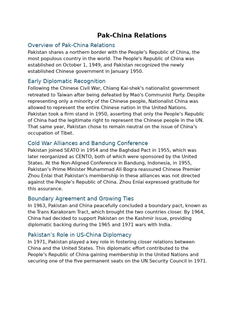 Overview of Pak-China Relations History | PDF | Pakistan | Zulfikar Ali ...