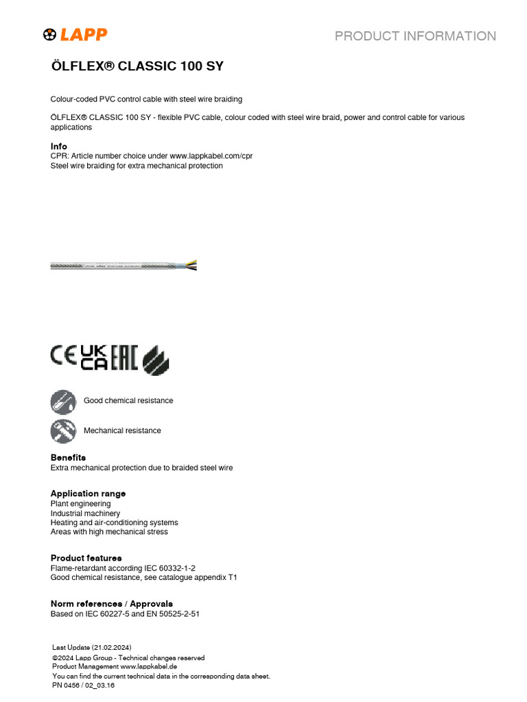 ÖLFLEX® CLASSIC 100 SY | PDF | Wire | Electrical Components