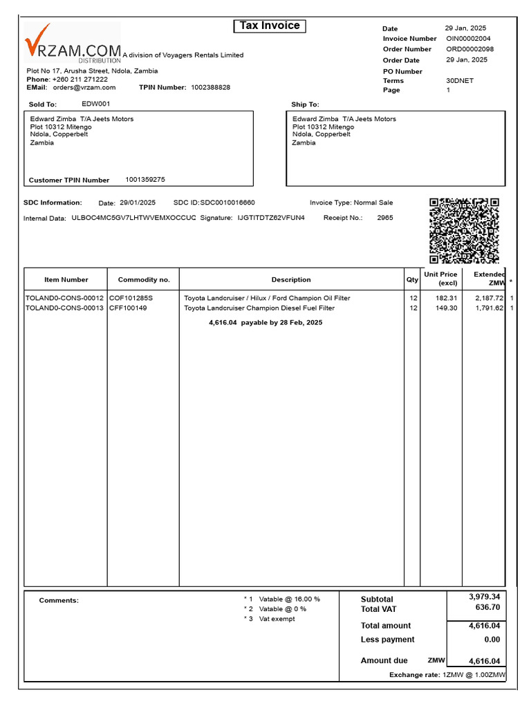 TAX INVOICE - 2004 - Web Order Ref 33702 - ZRA RCT 2965 - Edward Zimbia | PDF | Invoice | Value ...