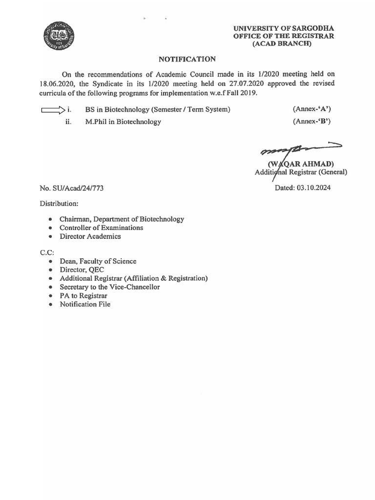 Class Notes - Revised Syllabus - Course Outlines - BS-Biotechnology (W ...