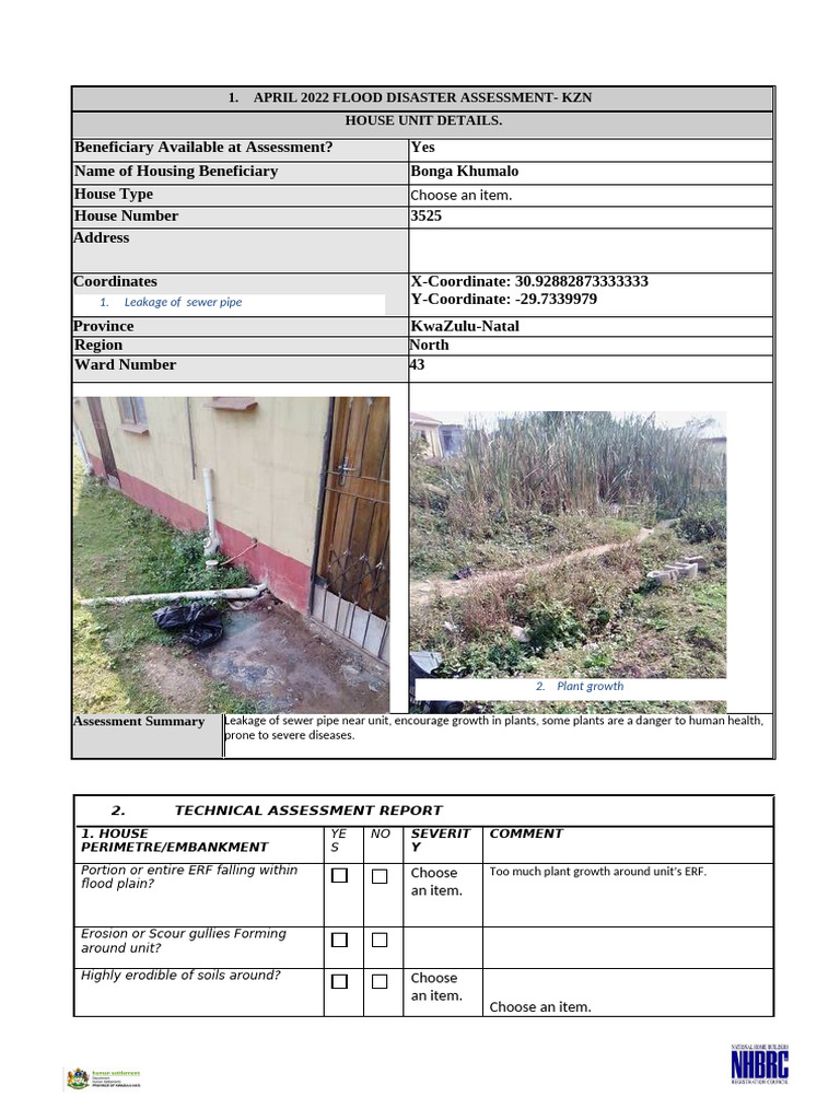 Technical Assessment Form (KZN Floods) - 43 - OID759 | PDF | Erosion | Roof