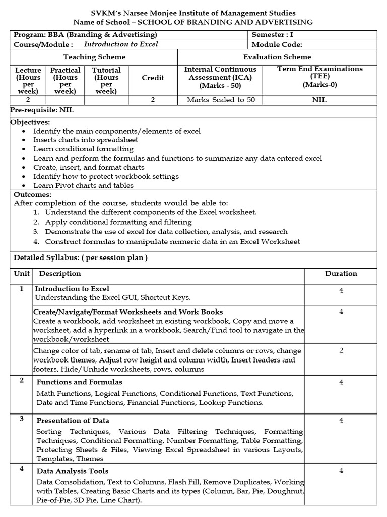 Course Outlines_Introduction to Excel | PDF | Microsoft Excel | Spreadsheet