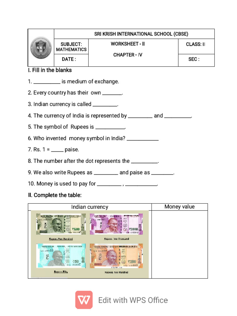Sri Krish International School (Cbse) Subject: Worksheet - Ii Chapter ...