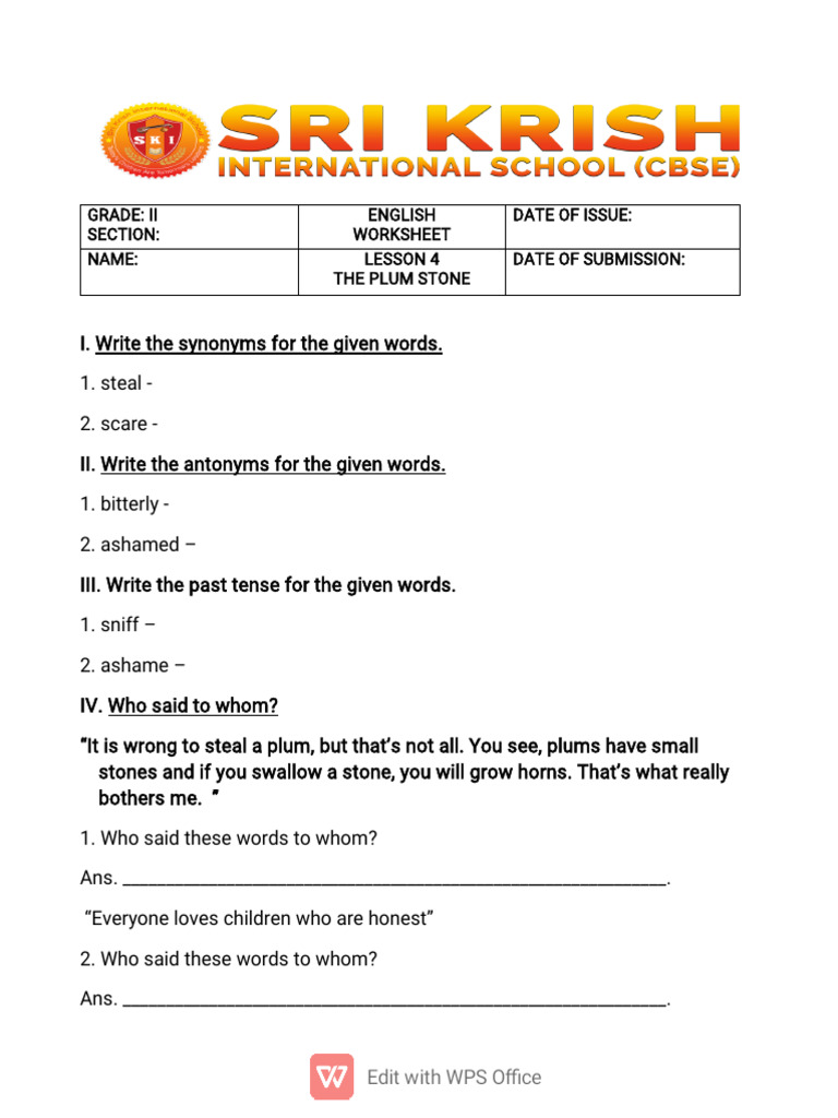 Grade II English Worksheet: The Plum Stone | PDF