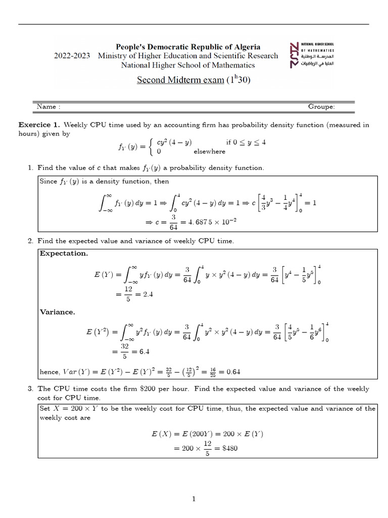 Midterm Exam 2_S2 Correction (1) | PDF | Variance | Mathematical Analysis