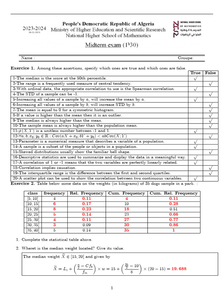 Midterm Exam 1 Correcction | PDF | Mean | Median