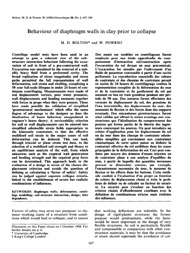 Bolton Powrie 2015 Behaviour of Diaphragm Walls in Clay Prior To Collapse | PDF | Stress ...