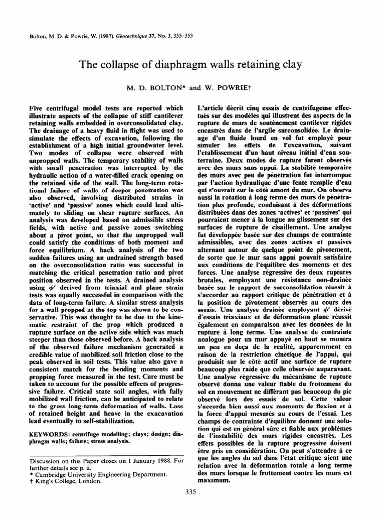 Bolton Powrie 2015 The Collapse of Diaphragm Walls Retaining Clay | PDF ...