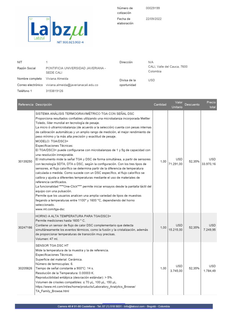 Cot. 29199 Universidad Javeriana CALI - 2022 - TGA-DSC Horno A Alta Temperatura - V1 | PDF ...